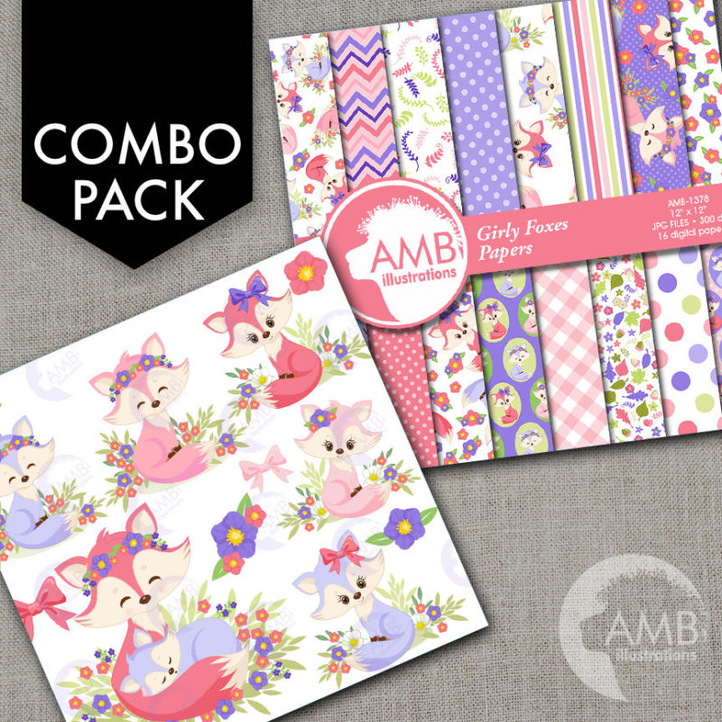 Fox And Flowers COMBO Papers And Clipart - AMBillustrations.com