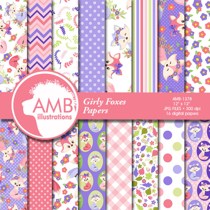 Fox And Flowers COMBO Papers And Clipart - AMBillustrations.com