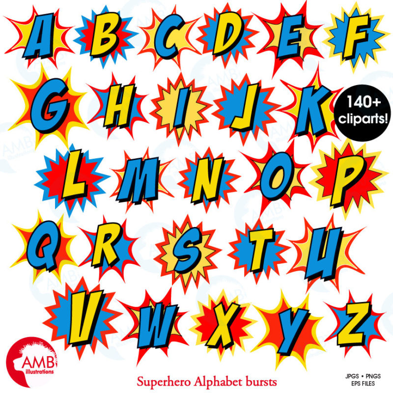 Superhero Alphabet Letters With Bursts - AMBillustrations.com