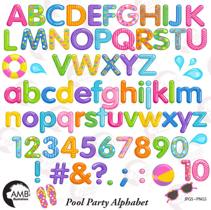Pool Party Alphabet And Numbers - AMBillustrations.com