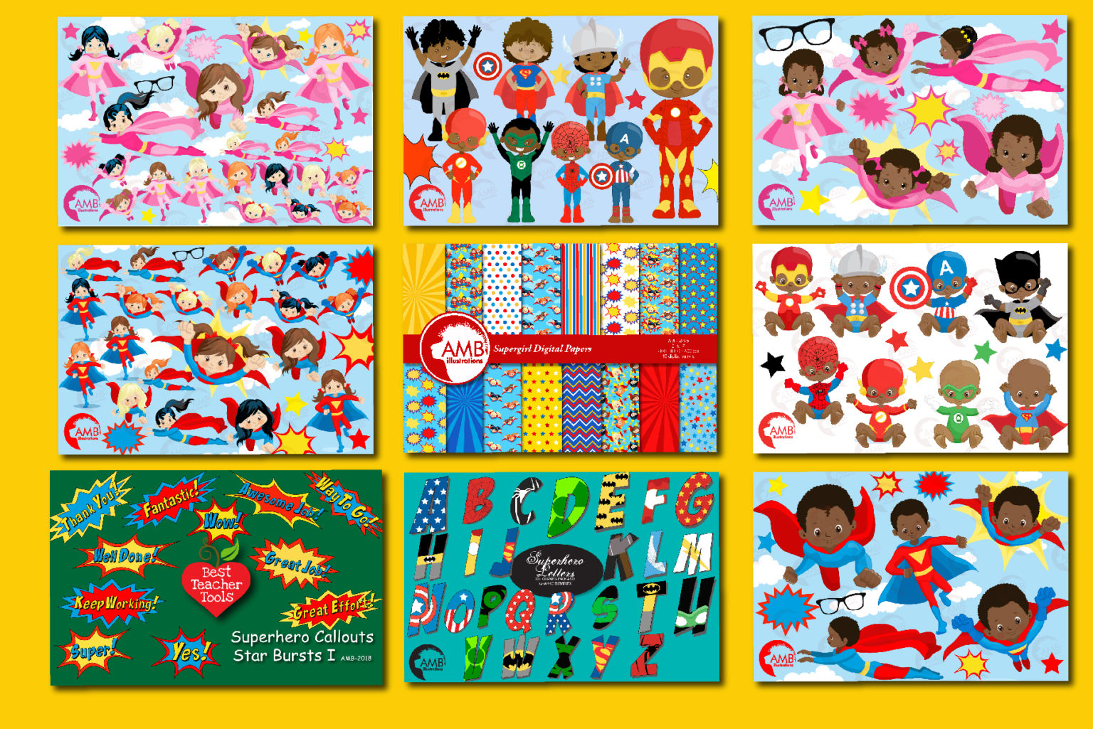 MEGA Superhero Clipart Patterns And SVG Bundle - AMBillustrations.com