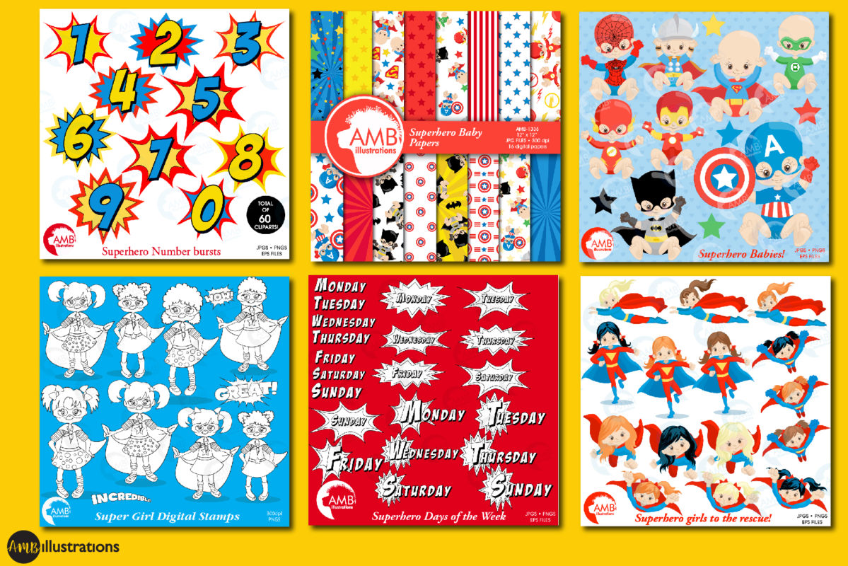MEGA Superhero Clipart Patterns And SVG Bundle - AMBillustrations.com