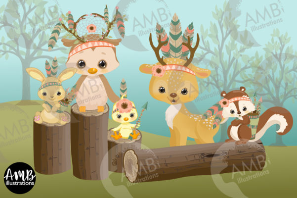 Woodland Animals Boho Clipart - AMBillustrations.com