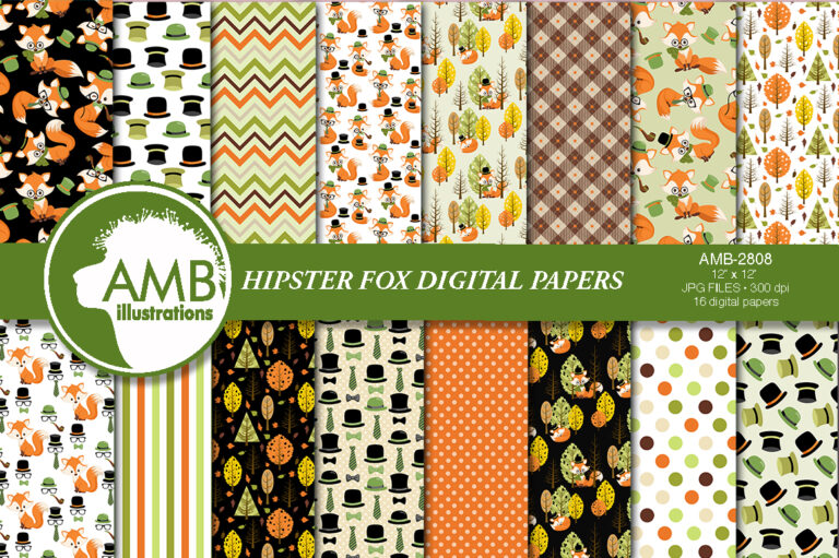 Hipster Fox Digital Papers - AMBillustrations.com