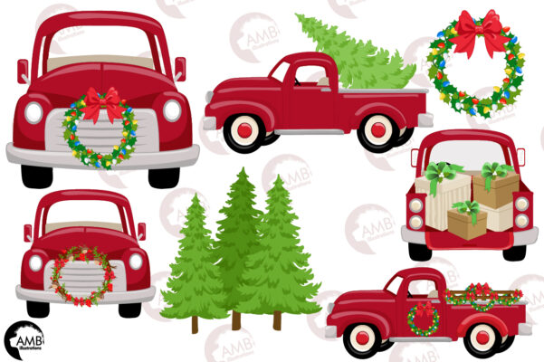 Christmas Vintage Red Pick Up Truck Clipart